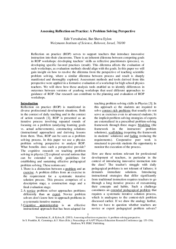 (PDF) Assessing reflection on practice: a problem solving perspective