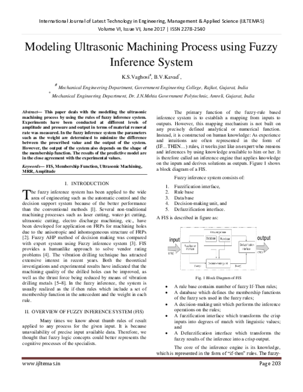 (PDF) Modeling Ultrasonic Machining Process using Fuzzy Inference System