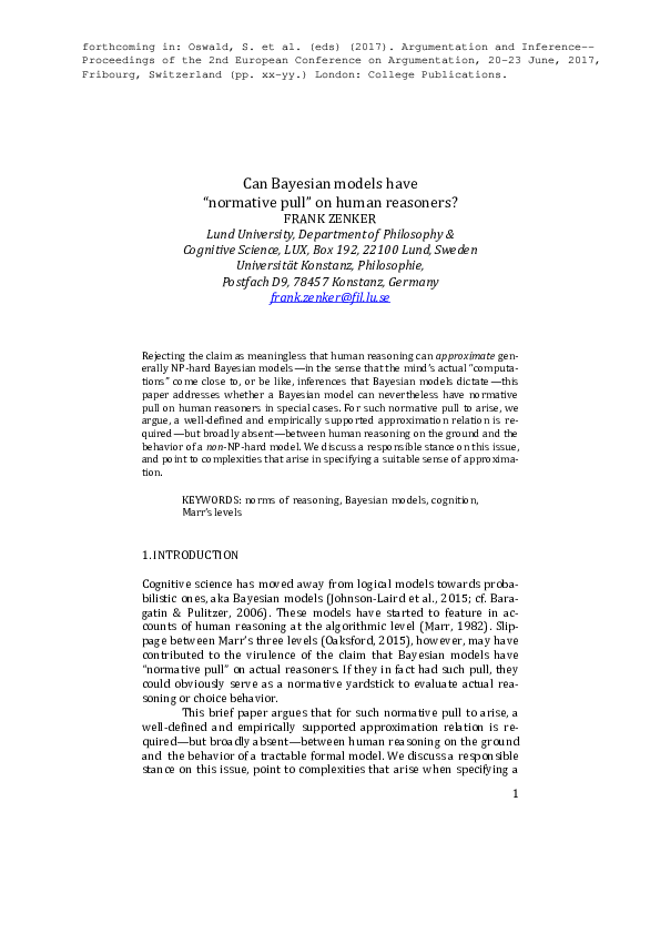 (PDF) Can Bayesian models have " normative pull " on human reasoners?