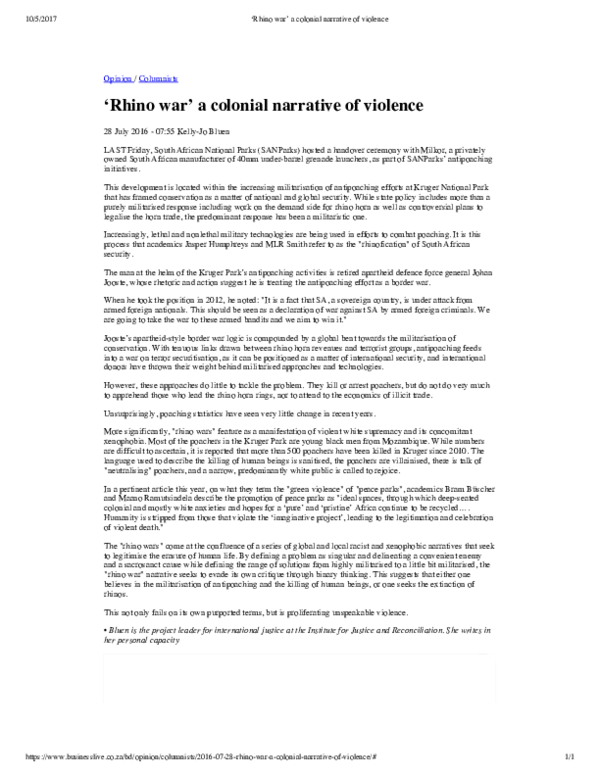 (PDF) 'Rhino war' a colonial narrative of violence | Kelly-Jo Bluen ...