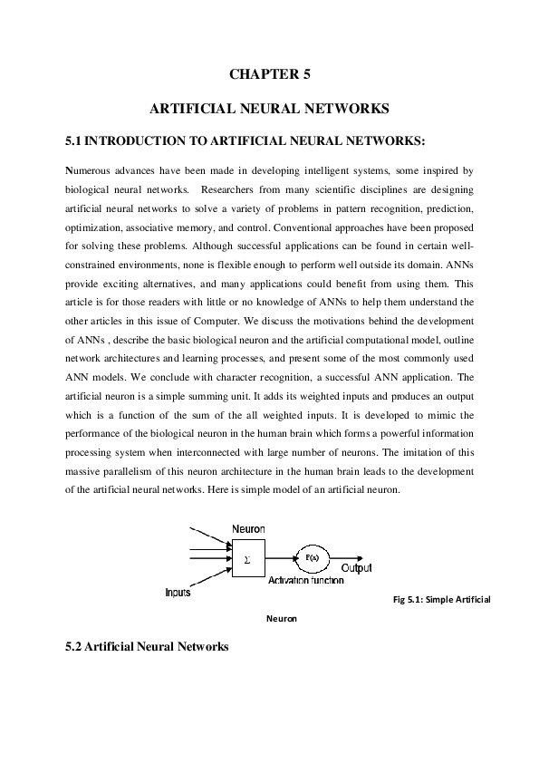 (DOC) ARTIFICIAL NEURAL NETWORKS 5.1 INTRODUCTION TO ARTIFICIAL NEURAL NETWORKS