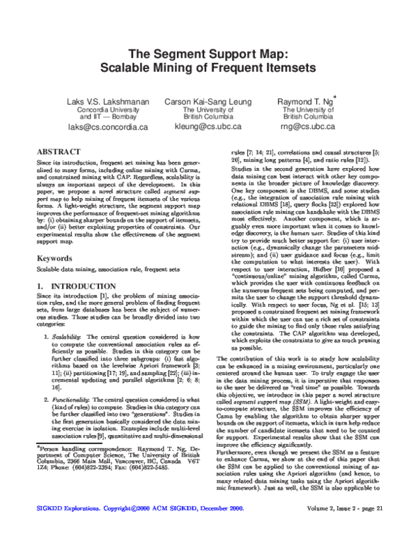 The segment support map: Scalable mining of frequent itemsets