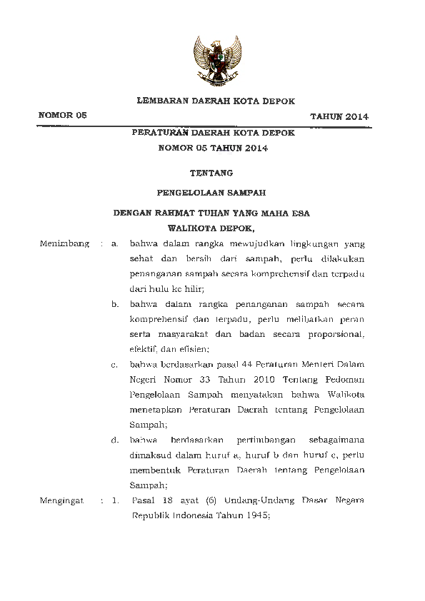 (PDF) PERDA KOTA DEPOK THN 2014 NO 05 TTG PENGELOLAAN SAMPAH(2)