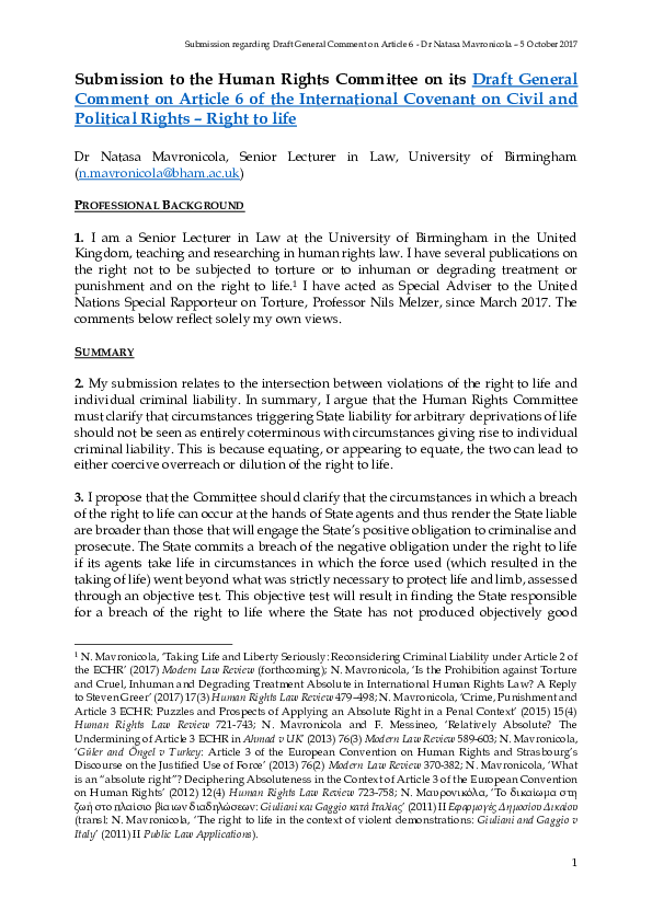 (PDF) Submission to the Human Rights Committee on its Draft General ...