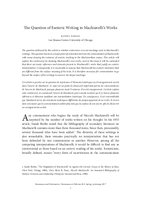(PDF) The Question of Esoteric Writing in Machiavelli's Works