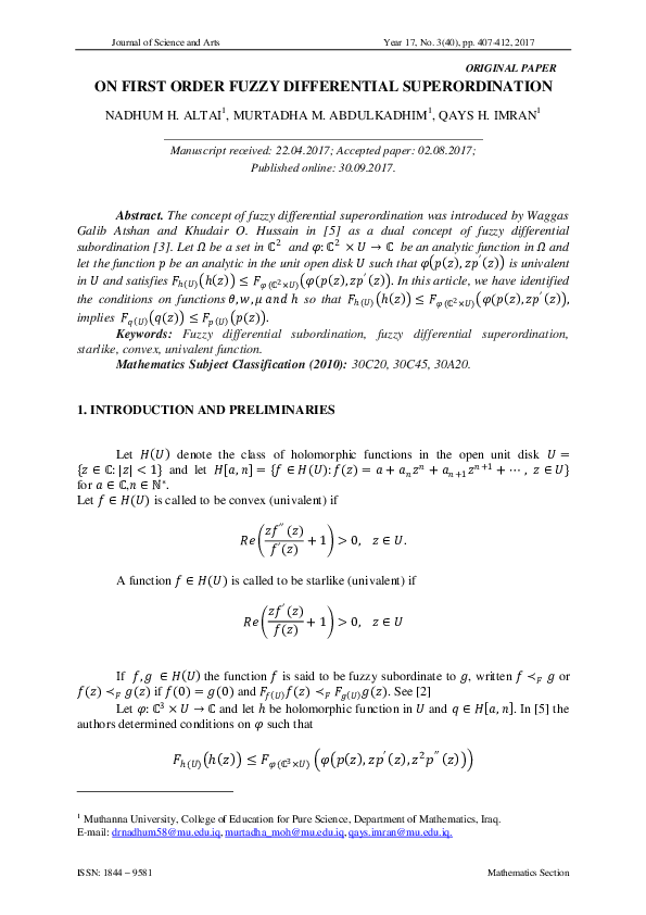 (PDF) ON FIRST ORDER FUZZY DIFFERENTIAL SUPERORDINATION