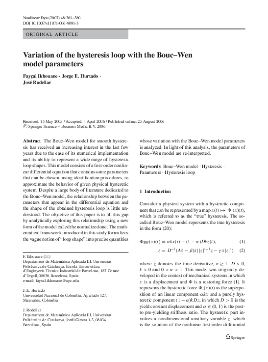 Pdf Variation Of The Hysteresis Loop With The Boucwen Model Parameters