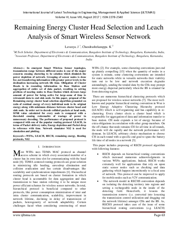 (PDF) Remaining Energy Cluster Head Selection and Leach Analysis of Smart Wireless Sensor Network
