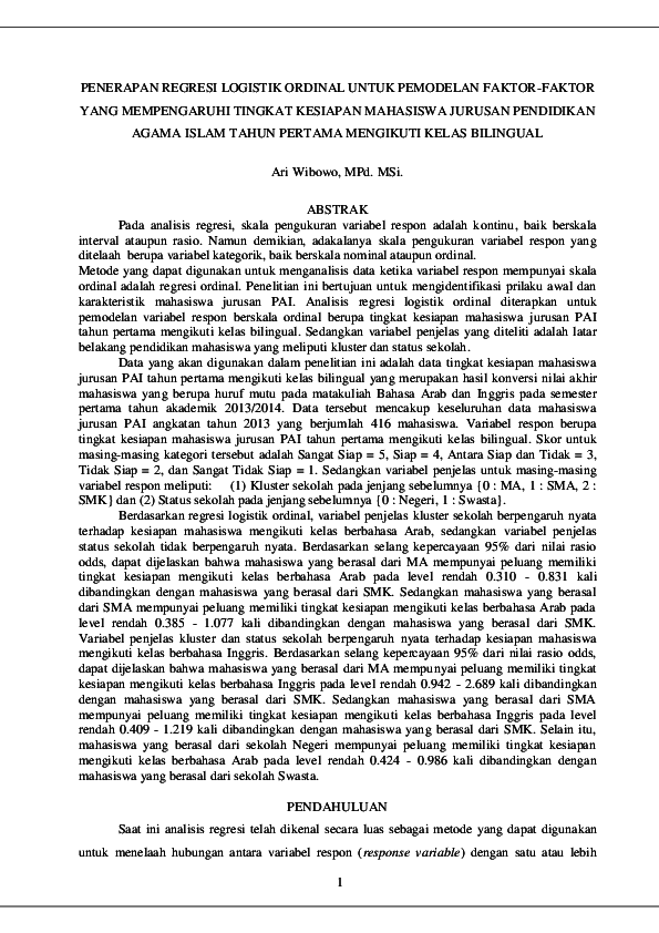 (PDF) PENERAPAN REGRESI LOGISTIK ORDINAL UNTUK PEMODELAN FAKTOR-FAKTOR YANG MEMPENGARUHI TINGKAT ...