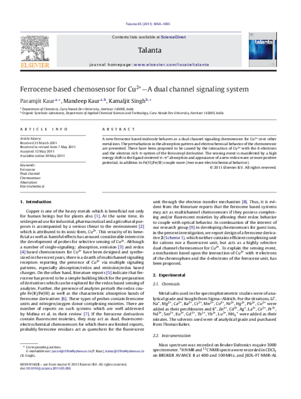 (PDF) Ferrocene based chemosensor for Cu2+—A dual channel signaling system | Mandeep Kaur ...