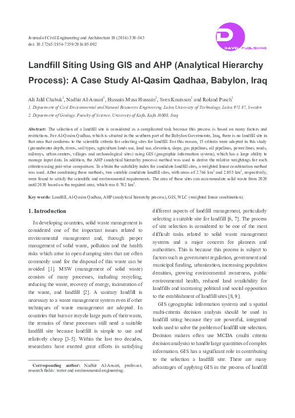 (PDF) Landfill Siting Using GIS and AHP (Analytical Hierarchy Process): A Case Study Al-Qasim ...