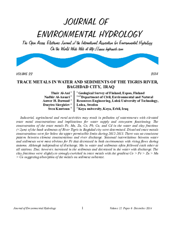 (PDF) TRACE METALS IN WATER AND SEDIMENTS OF THE TIGRIS RIVER, BAGHDAD ...