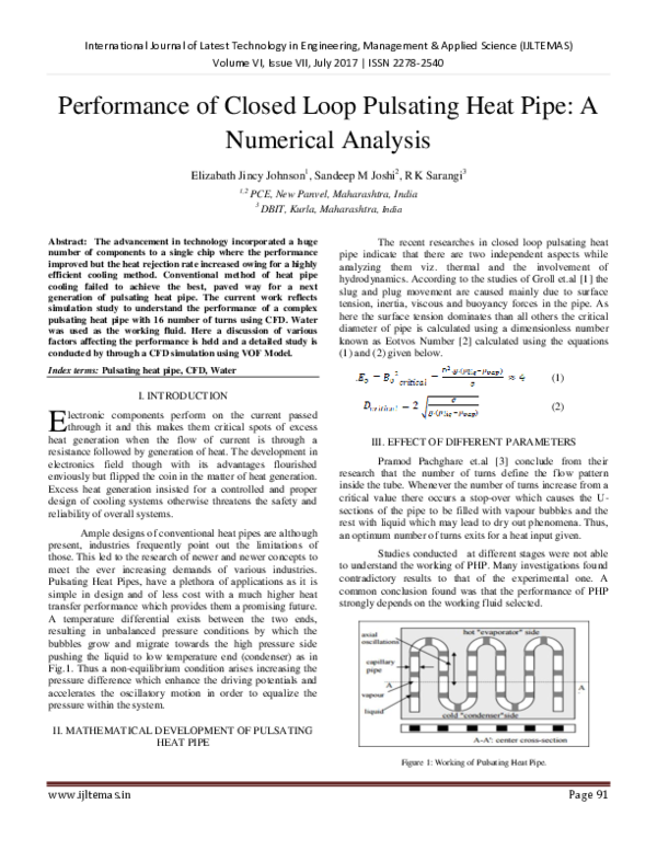 Performance Of Closed Loop Pulsating Heat Pipe A Numerical Analysis