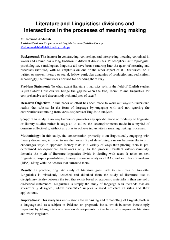 (PDF) Literature and Linguistics: divisions and intersections in the ...