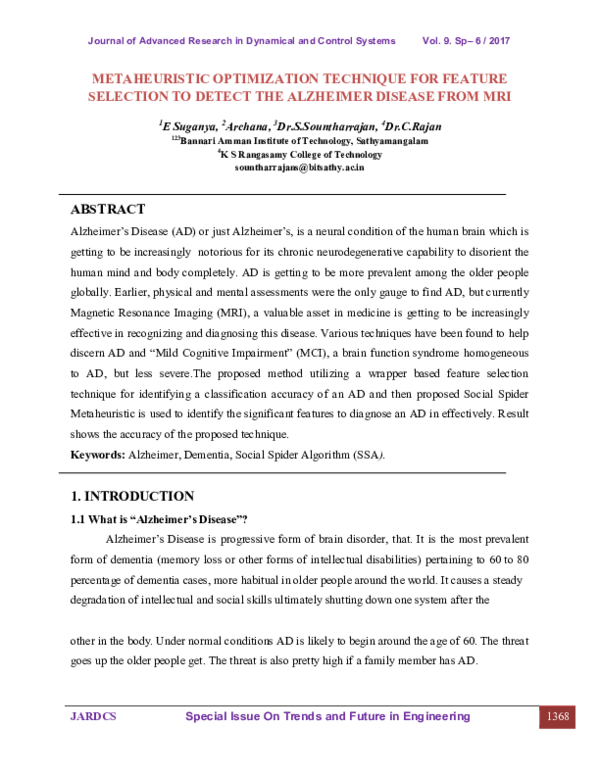 (PDF) METAHEURISTIC OPTIMIZATION TECHNIQUE FOR FEATURE SELECTION TO DETECT THE ALZHEIMER DISEASE ...