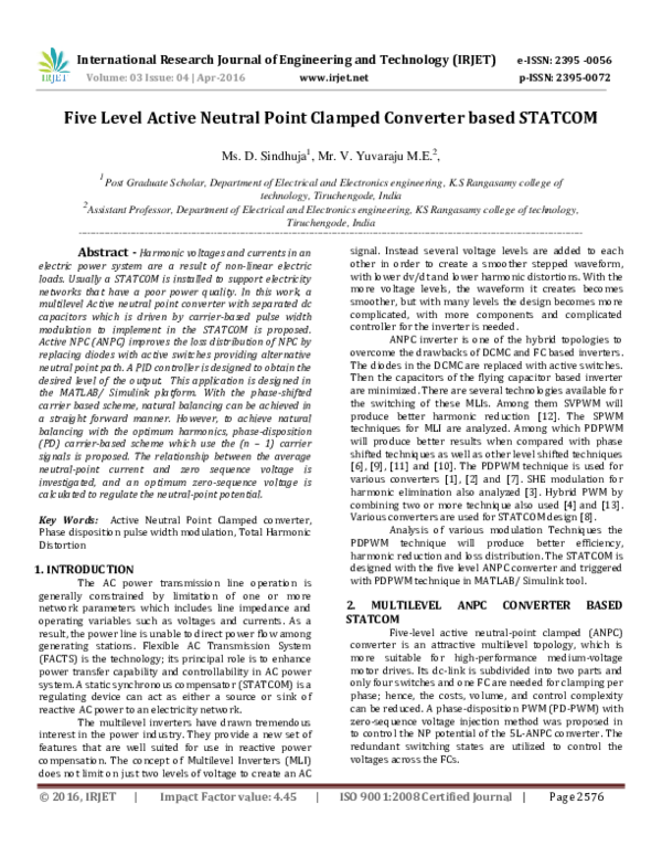 (PDF) Five Level Active Neutral Point Clamped Converter based STATCOM