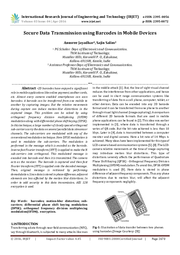 (PDF) Secure Data Transmission using Barcodes in Mobile Devices