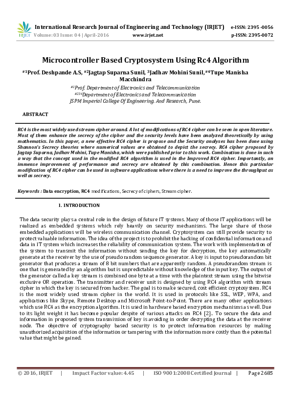 (PDF) Microcontroller Based Cryptosystem Using Rc4 Algorithm