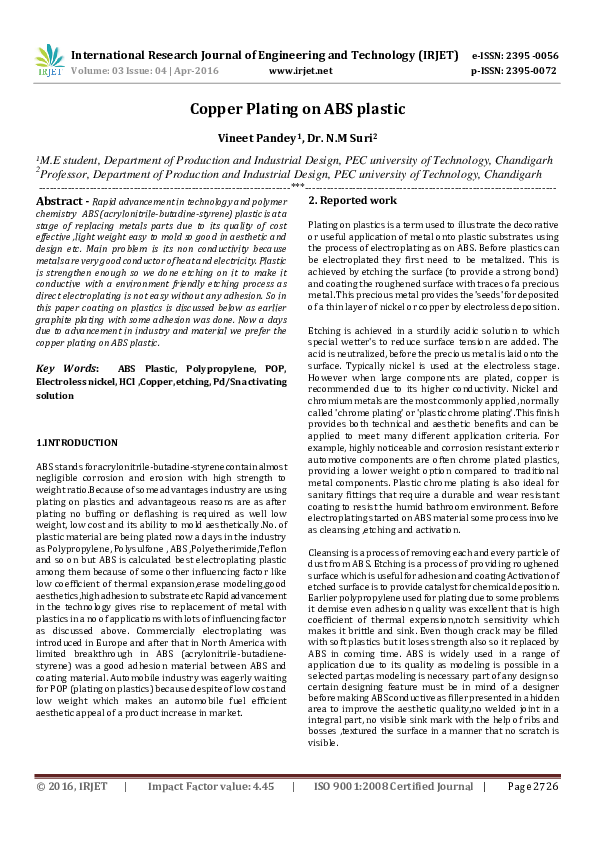(PDF) Copper Plating on ABS plastic
