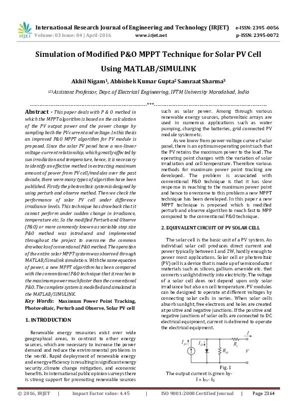 Pdf Simulation Of Modified Pando Mppt Technique For Solar Pv Cell Using Matlabsimulink