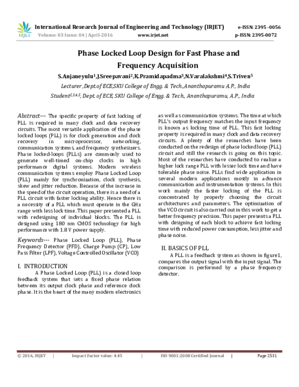 Pdf Phase Locked Loop Design For Fast Phase And Frequency Acquisition