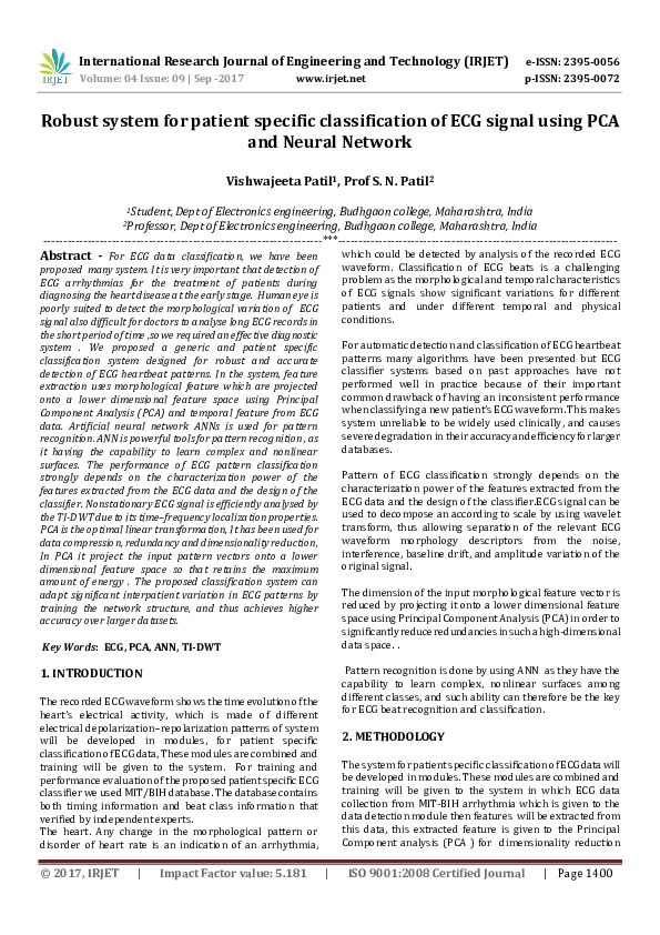 Pdf Robust System For Patient Specific Classification Of Ecg Signal Using Pca And Neural Network