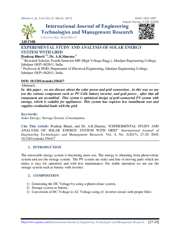 (PDF) EXPERIMENTAL STUDY AND ANALYSIS OF SOLAR ENERGY SYSTEM WITH GRID