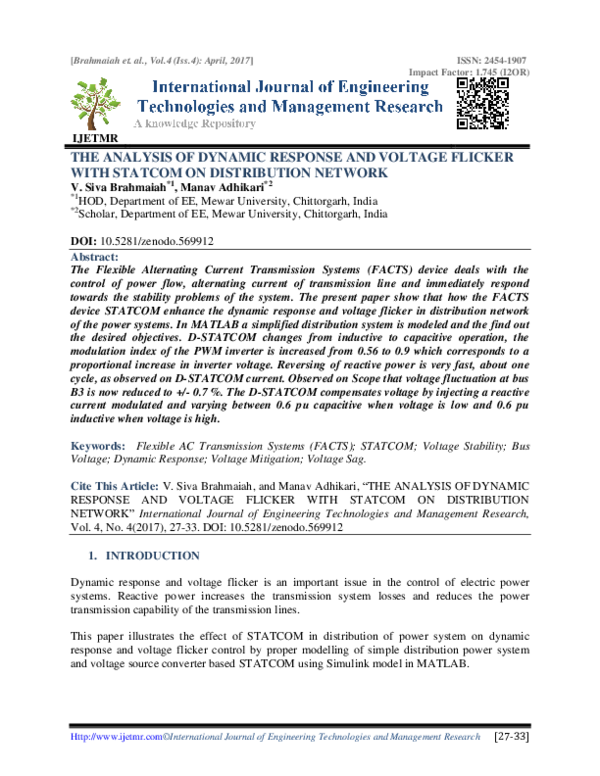 Pdf The Analysis Of Dynamic Response And Voltage Flicker With Statcom