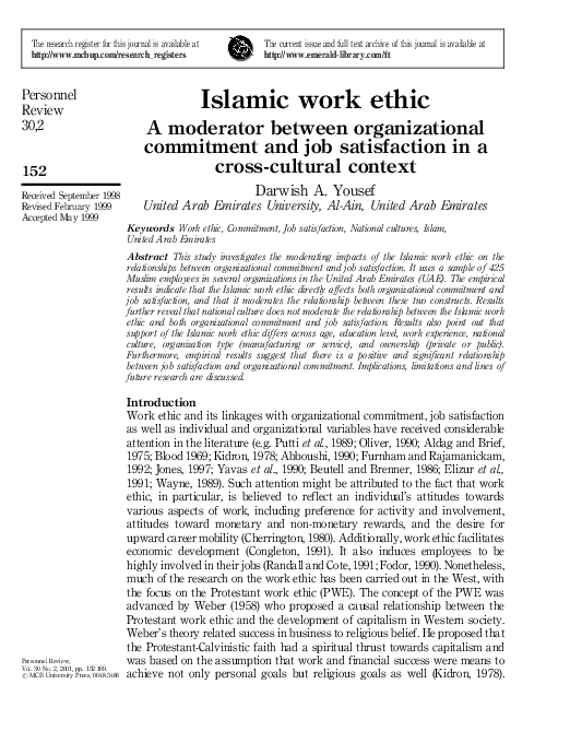 (PDF) Islamic work ethic A moderator between organizational commitment and job satisfaction in a ...