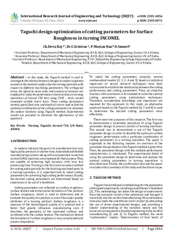 Pdf Taguchi Design Optimization Of Cutting Parameters For Surface Roughness In Turning Inconel
