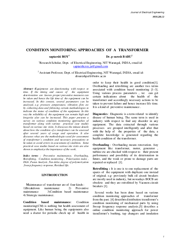 (PDF) CONDITION MONITORING APPROACHES OF A TRANSFORMER