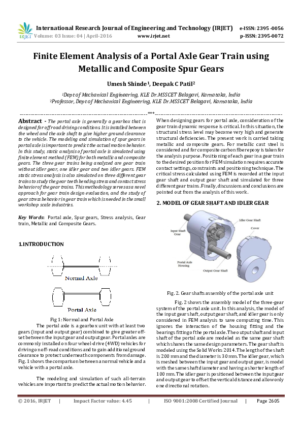 (PDF) Finite Element Analysis of a Portal Axle Gear Train using Metallic and Composite Spur Gears