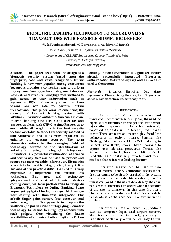 Pdf Biometric Banking Technology To Secure Online Transactions With Feasible Biometric Devices