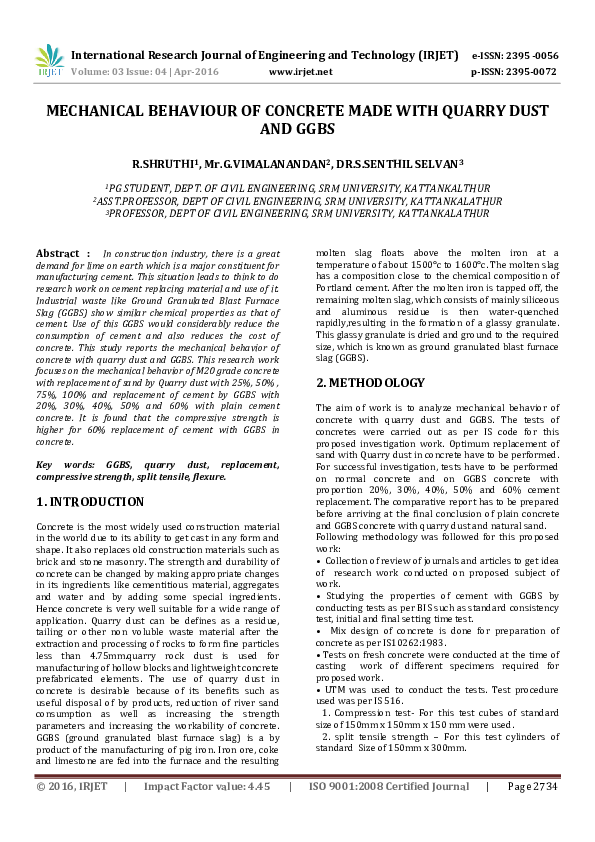 (PDF) MECHANICAL BEHAVIOUR OF CONCRETE MADE WITH QUARRY DUST AND GGBS