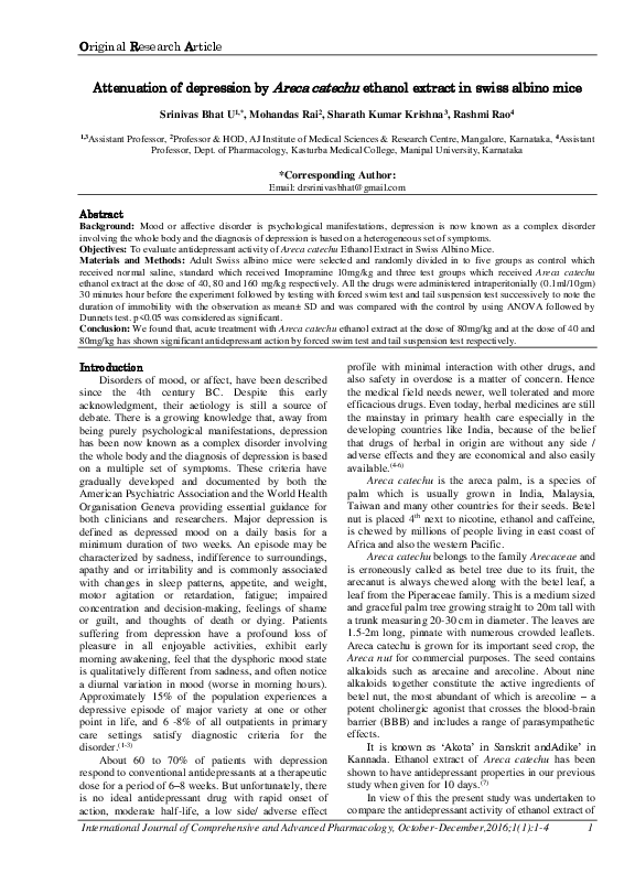 (PDF) Attenuation of depression by Areca catechu ethanol extract in swiss albino mice