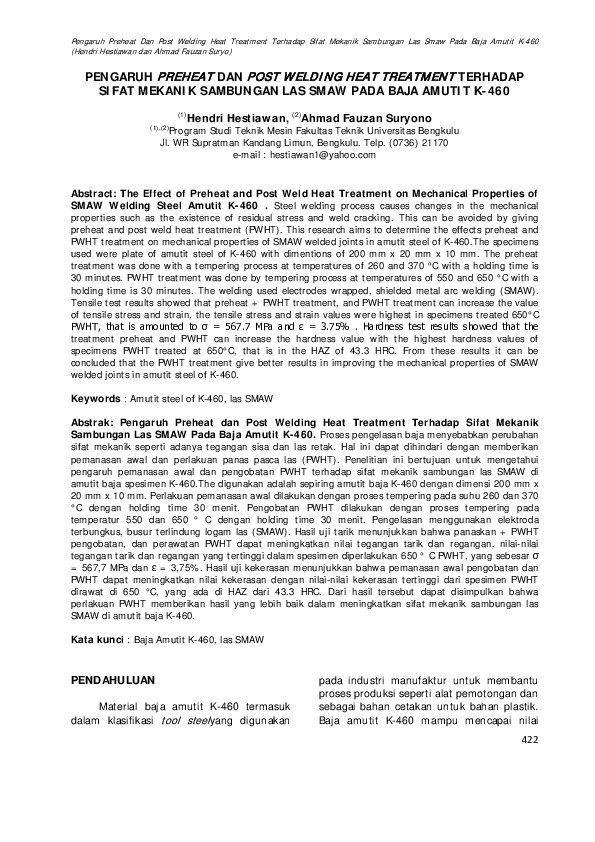 (PDF) Pengaruh Preheat Dan Post Welding Heat Treatment Terhadap Sifat Mekanik Sambungan Las Smaw ...