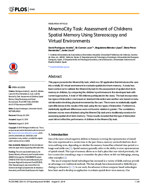 (PDF) MnemoCity Task: Assessment of Childrens Spatial Memory Using ...