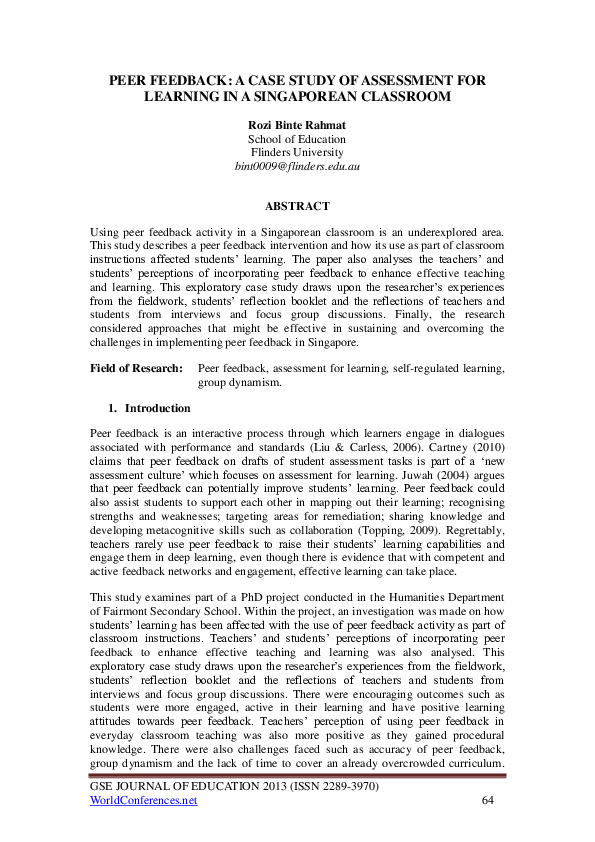 (PDF) PEER FEEDBACK: A CASE STUDY OF ASSESSMENT FOR LEARNING IN A ...