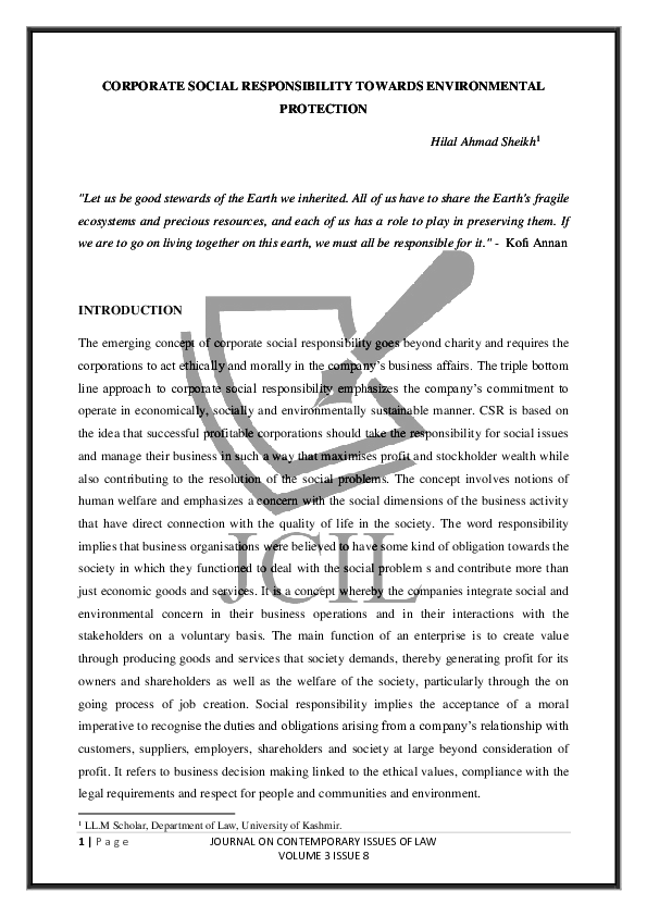 (PDF) corporate social responsibility towards environmental protection