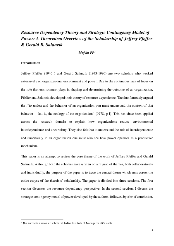 (DOC) Resource Dependency Theory and Strategic Contingency Model of ...