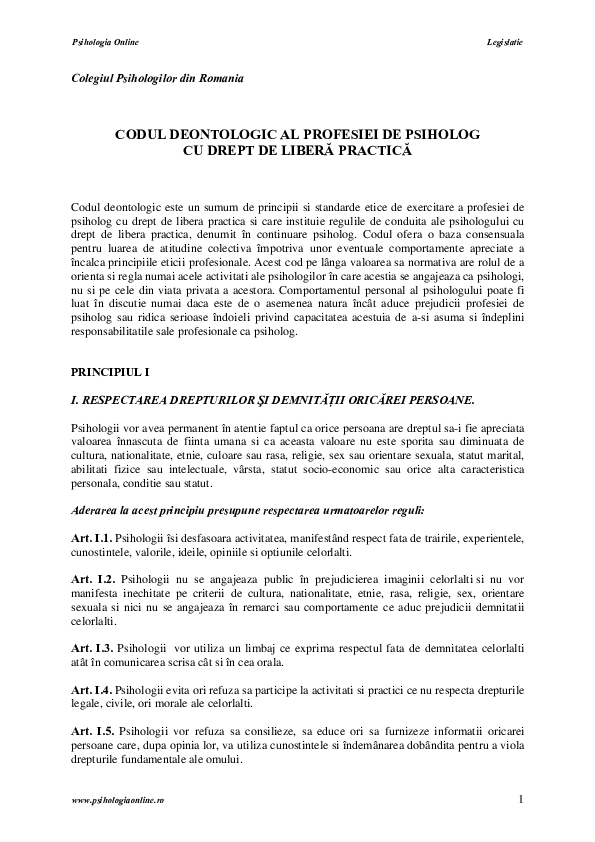 (PDF) CODUL DEONTOLOGIC AL PROFESIEI DE PSIHOLOG CU DREPT DE LIBERĂ PRACTICĂ