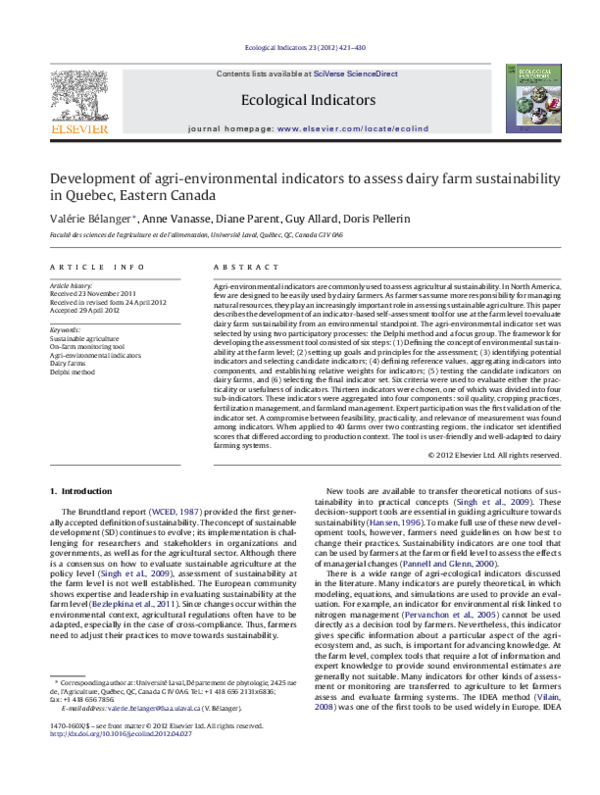 (PDF) Development of agri-environmental indicators to assess dairy farm ...