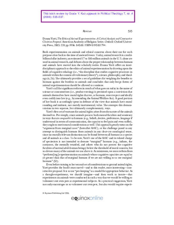 (PDF) Review of Donna Yarri’s The Ethics of Animal Experimentation: A Critical Analysis and ...