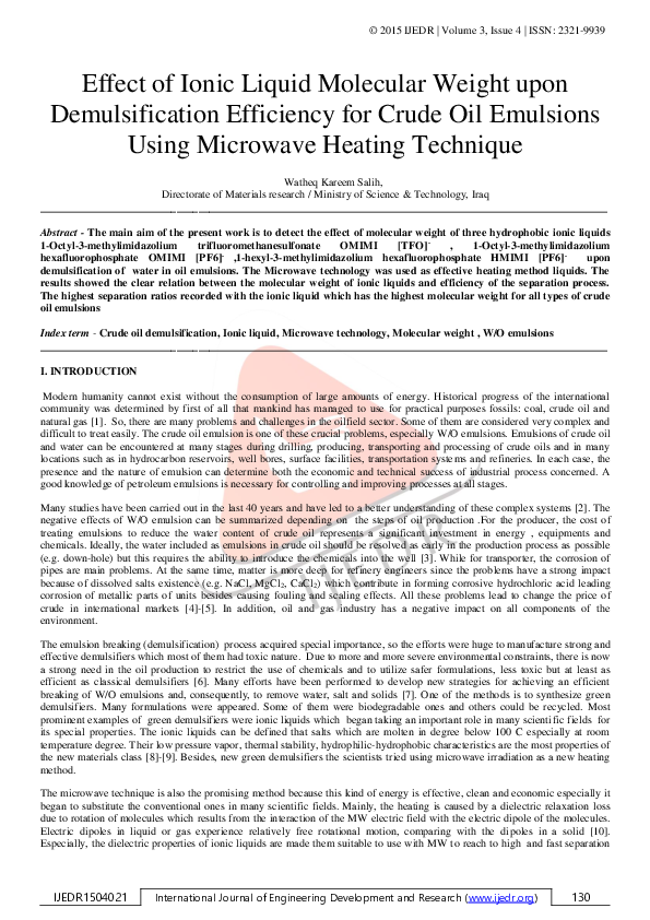(PDF) Effect of Ionic Liquid Molecular Weight upon Demulsification ...
