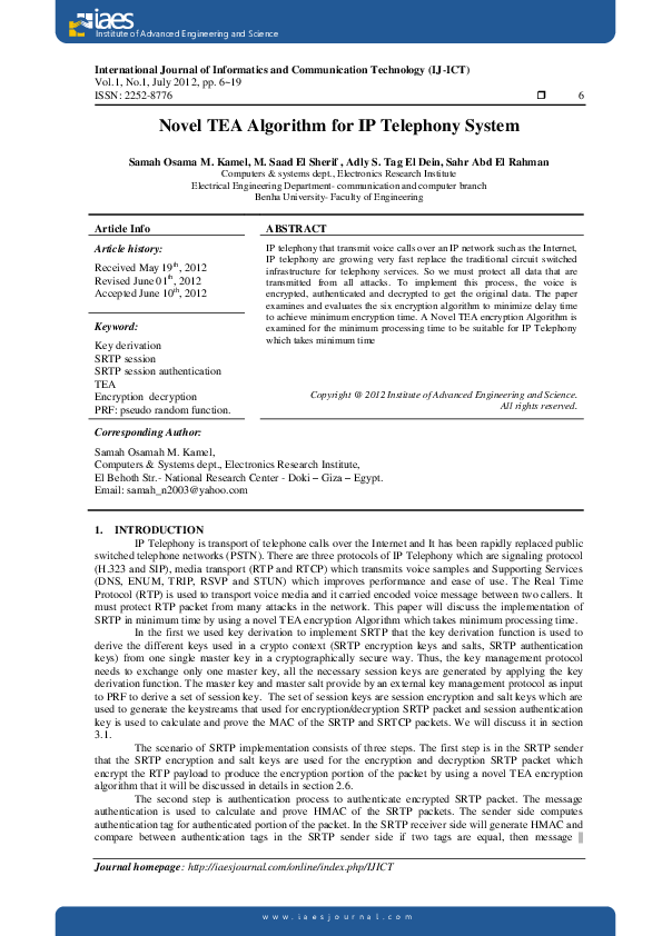 (PDF) Novel TEA Algorithm for IP Telephony System