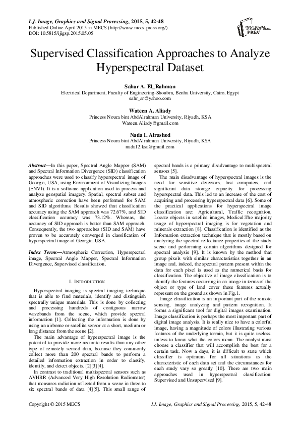 (PDF) Supervised Classification Approaches to Analyze Hyperspectral Dataset