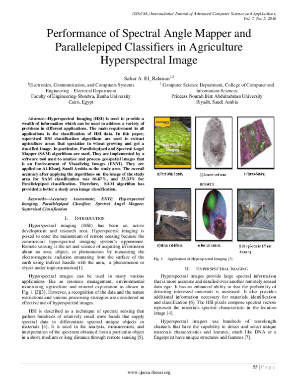 Pdf Performance Of Spectral Angle Mapper And Parallelepiped Classifiers In Agriculture