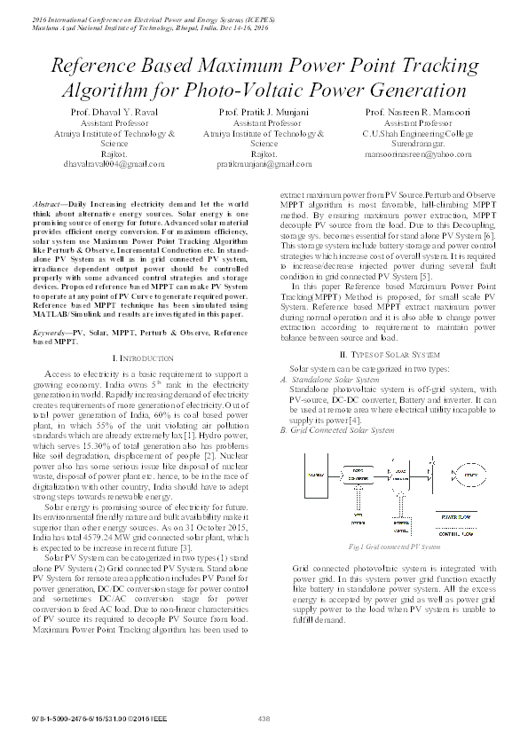 Pdf Reference Based Maximum Power Point Tracking Algorithm For Photo