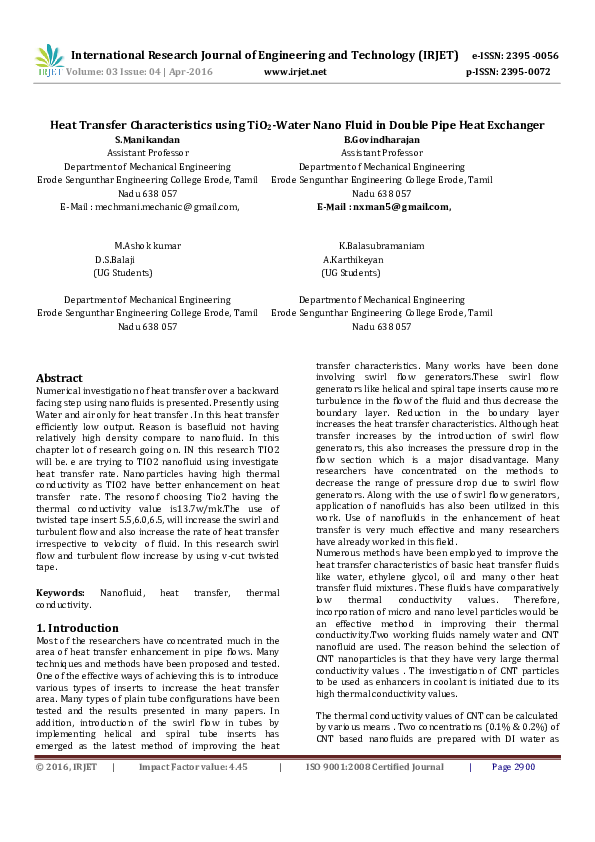 (PDF) Heat Transfer Characteristics using TiO2-Water Nano Fluid in Double Pipe Heat Exchanger
