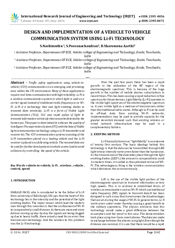 (PDF) DESIGN AND IMPLEMENTATION OF A VEHICLE TO VEHICLE COMMUNICATION SYSTEM USING Li-Fi TECHNOLOGY